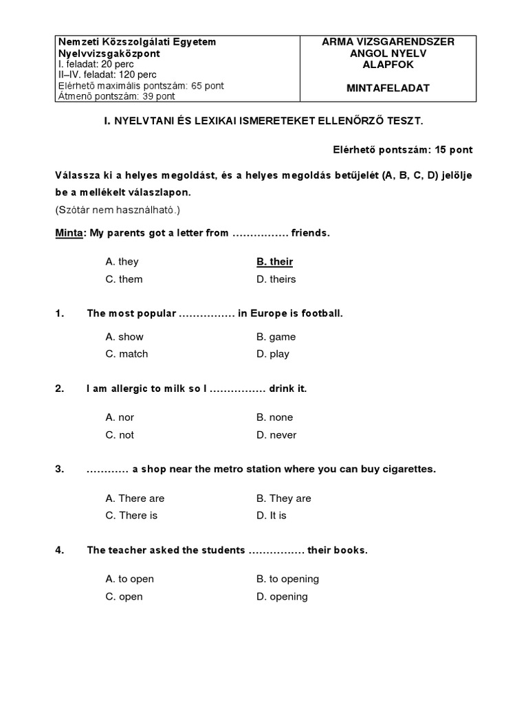 Angol Alapfok Teszt Mintafeladat - Original | PDF