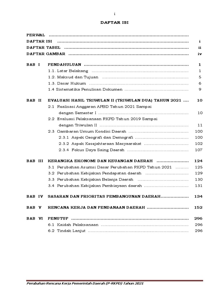 Daftar Isi RKPD-P 2021 | PDF