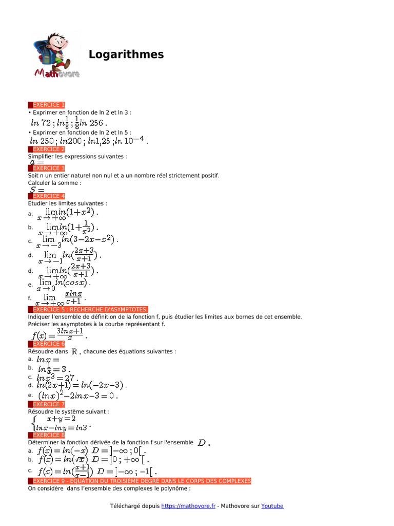 Exercices sur les Logarithmes et Dérivées | PDF | Équations | Analyse complexe