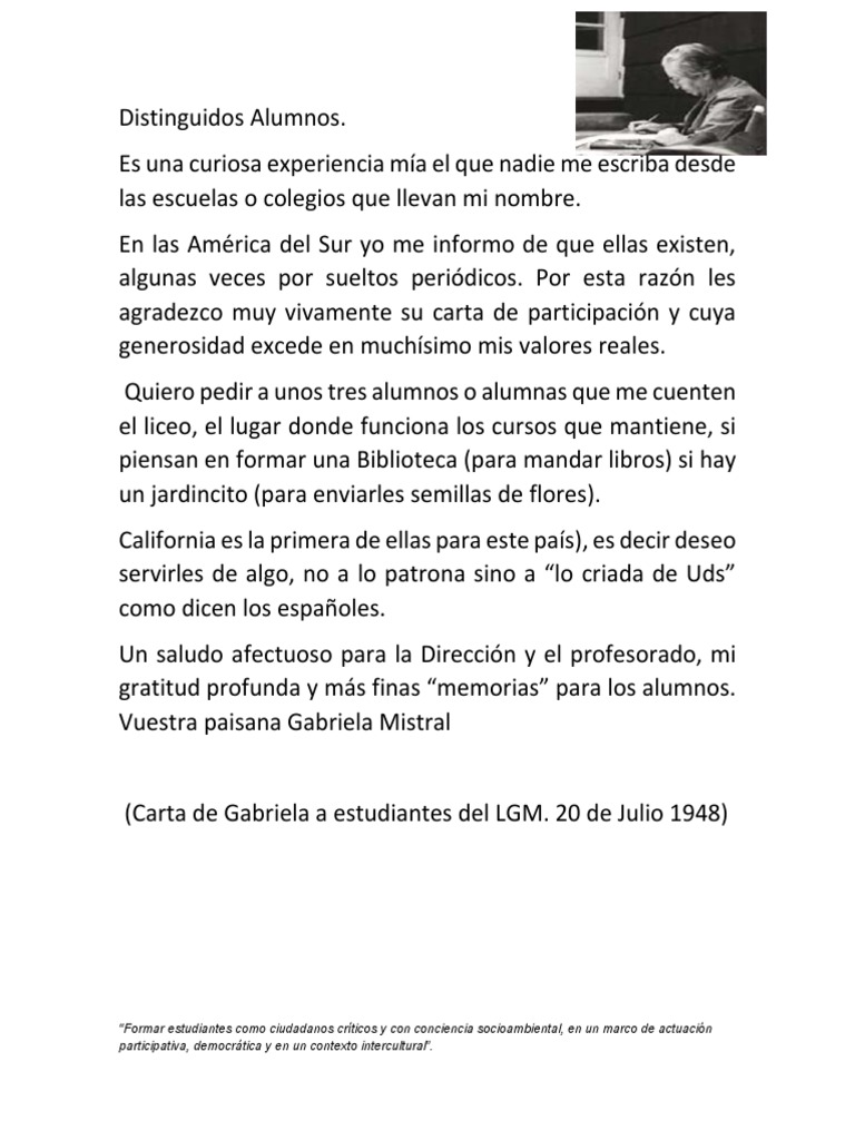 Carta Gabriela Mistral A Estudiantes Del Liceo 2022 | PDF