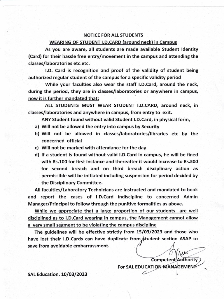 NOTICE For Students For I.D.Card Discipline. | PDF