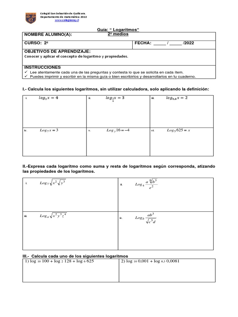 Guía de Logaritmos 2 Medio | PDF