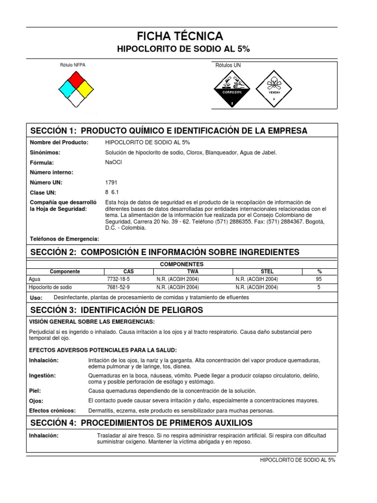 Ficha Técnica Hipoclorito de Sodio 5% | PDF | Agua | Blanqueador