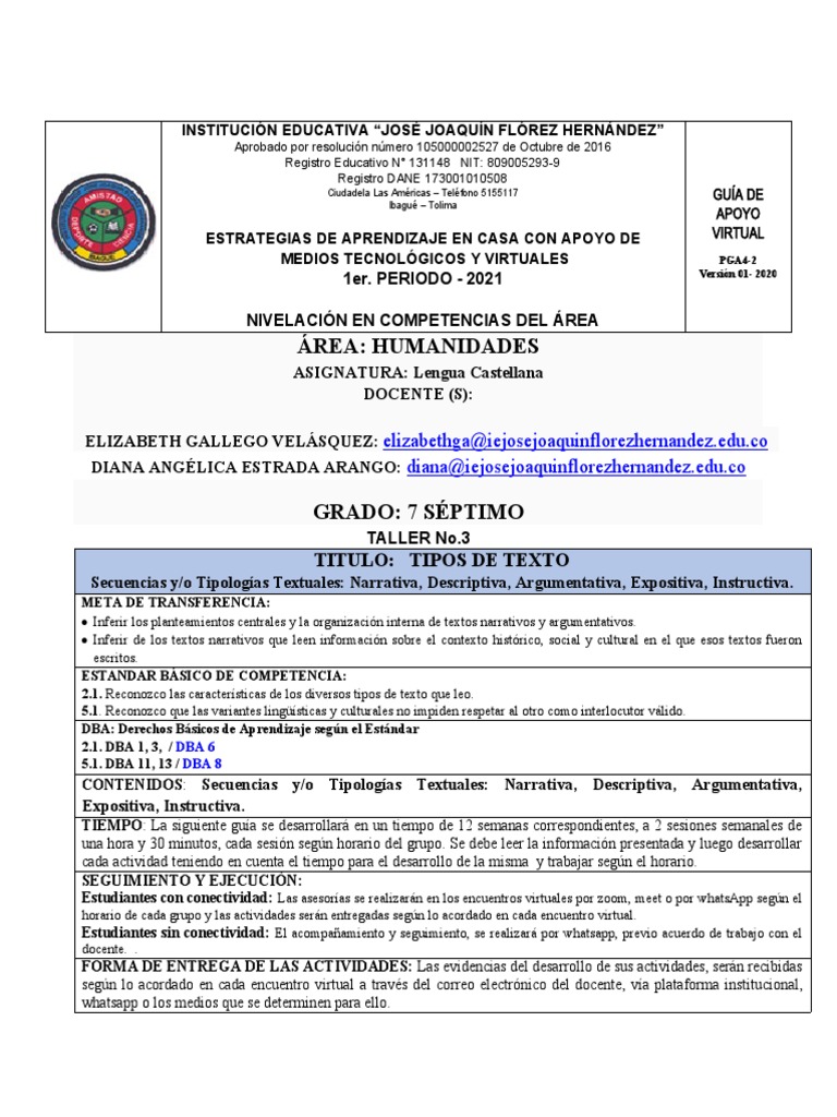 3 Grados 7 3 Al 7 7 Taller 3 Castellano 1 SesiÓn Del 15 Al 19 Febrero 2021 Tipos 