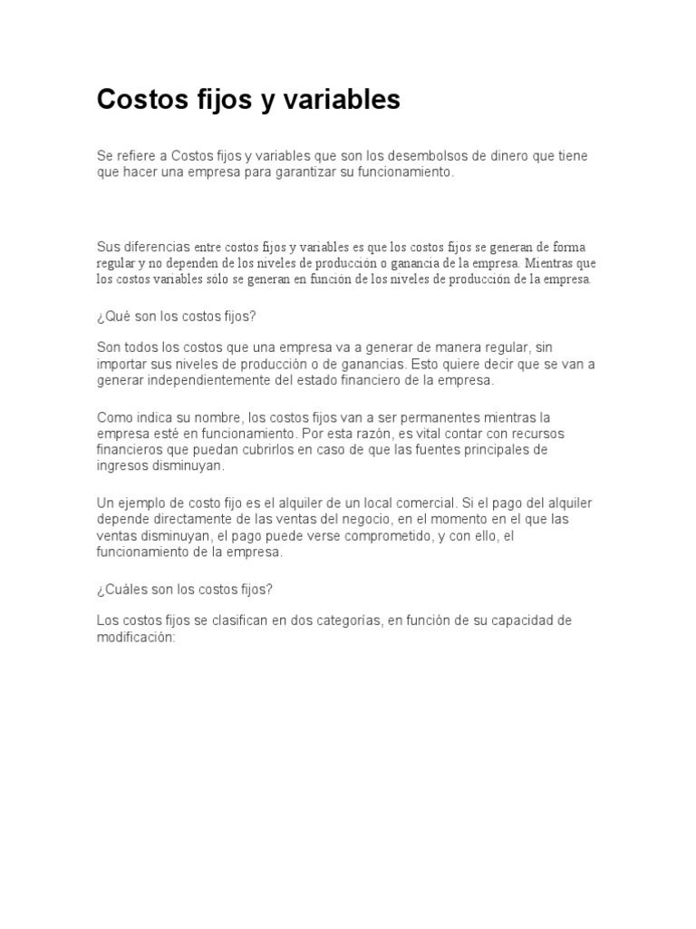 Costos fijos y variables economia unidad 2 | PDF | Costo | Contabilidad