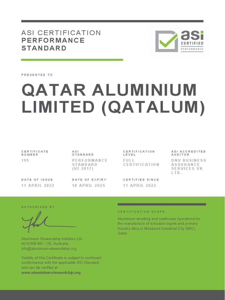 ASI Summary Audit Report Qatar Aluminium Limited Certificate 195 PS ...