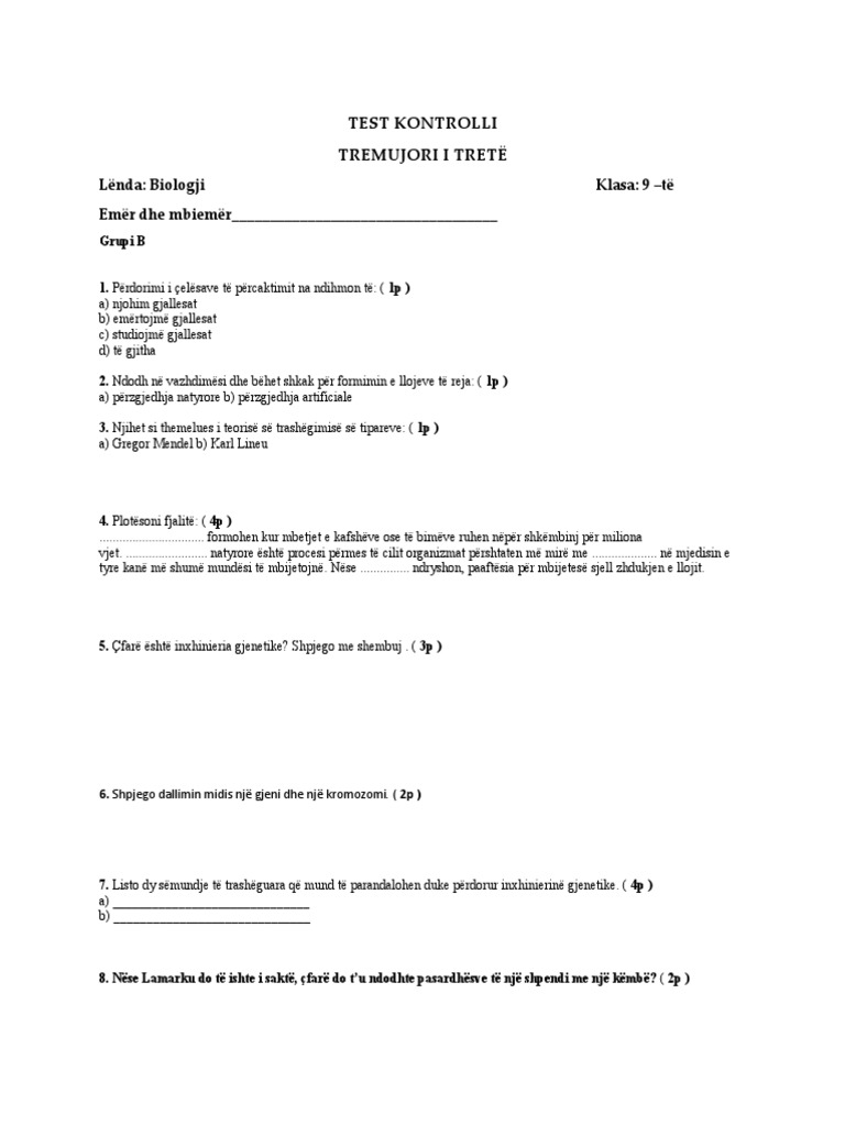 Test Tremujori I Trete Grupi B Biologjia 9 | PDF