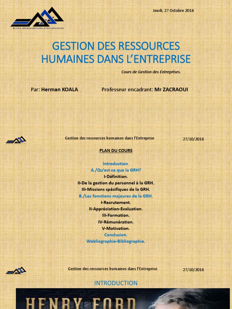 Introduction à la GRH en entreprise | PDF | Recrutement | Gestion des ...