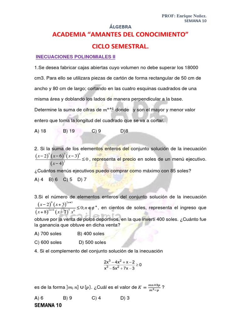 Algebra - Sem. 10 ADC - Ciclo Semestr. - Ejerc - de Clase y Tarea | PDF | Entero | Matemática ...