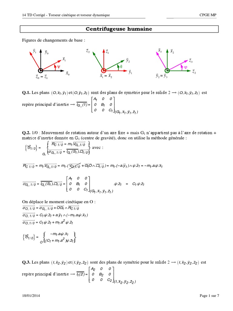 TD Corrigé : Torseurs Cinétiques et Dynamiques | PDF | Rotation ...