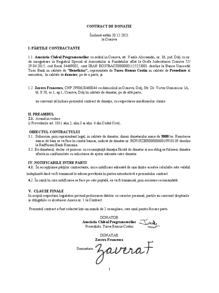 Contract Donatie Zavera Semnat | PDF