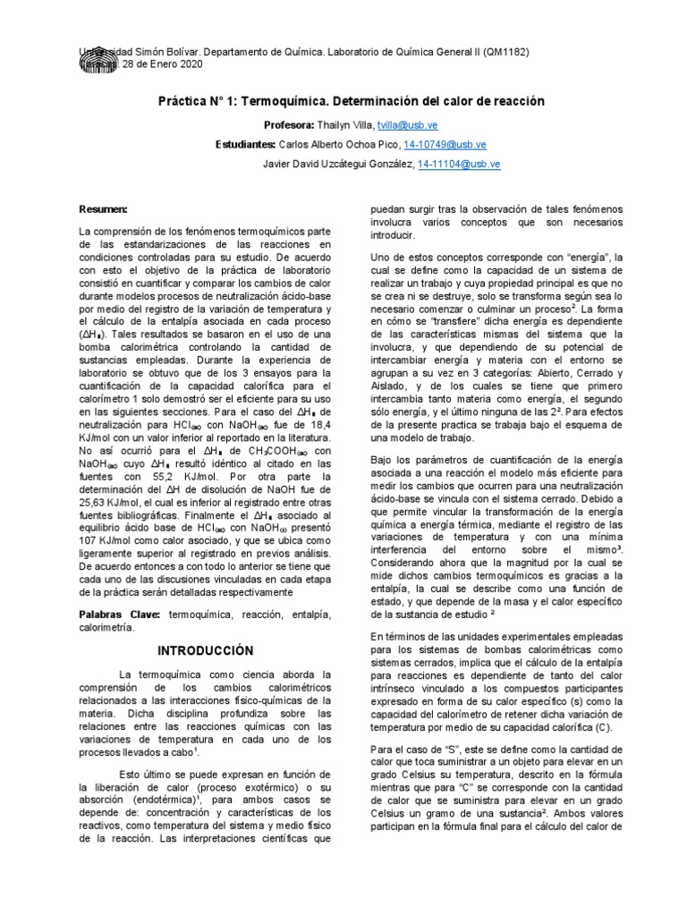 Informe Lab Quimica 2 N°1 | PDF | Calor | Hidróxido de sodio