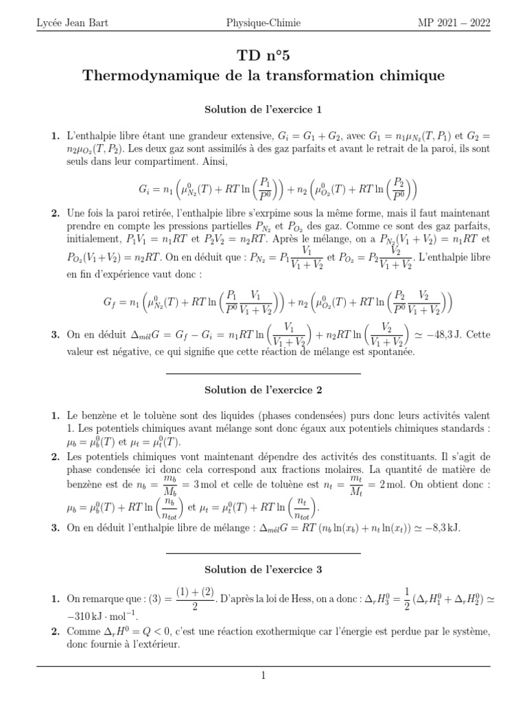 TD5 Transformation Chimique-Corr | PDF | Enthalpie | Mécanique newtonienne