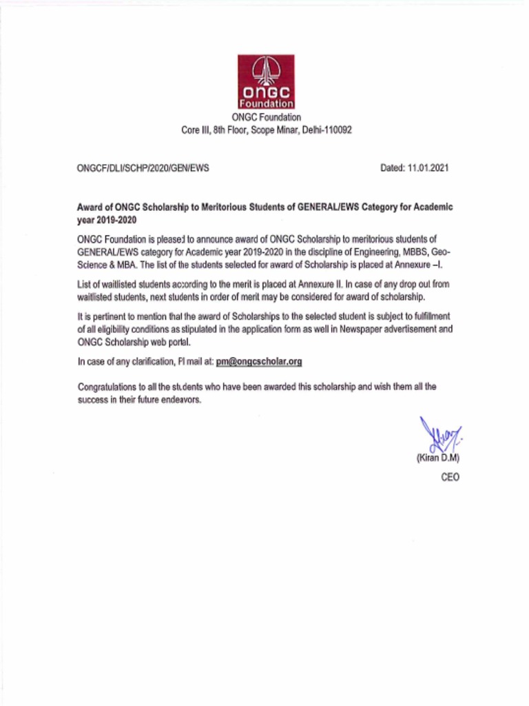 Award of ONGC Scholarship To Meritorious General - EWS Student-2020 ...