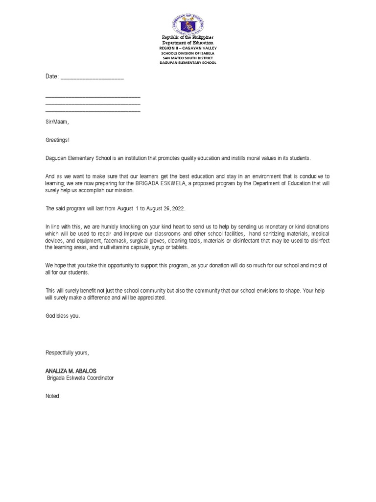 Brigada Eskwela Letter | PDF