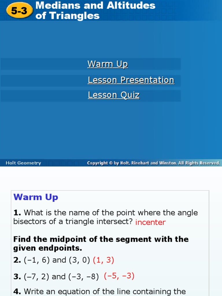 5 3 Medians and Altitudes | PDF | Triangle | Geometry
