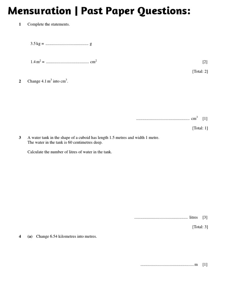 Mensuration Revision Worksheet | PDF