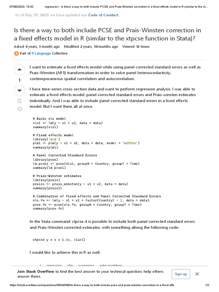 PCSE & Prais-Winsten in R Fixed Effects | PDF | Fixed Effects Model | Regression Analysis