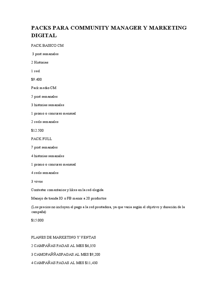 Packs para Community Manager y Marketing Digital | PDF