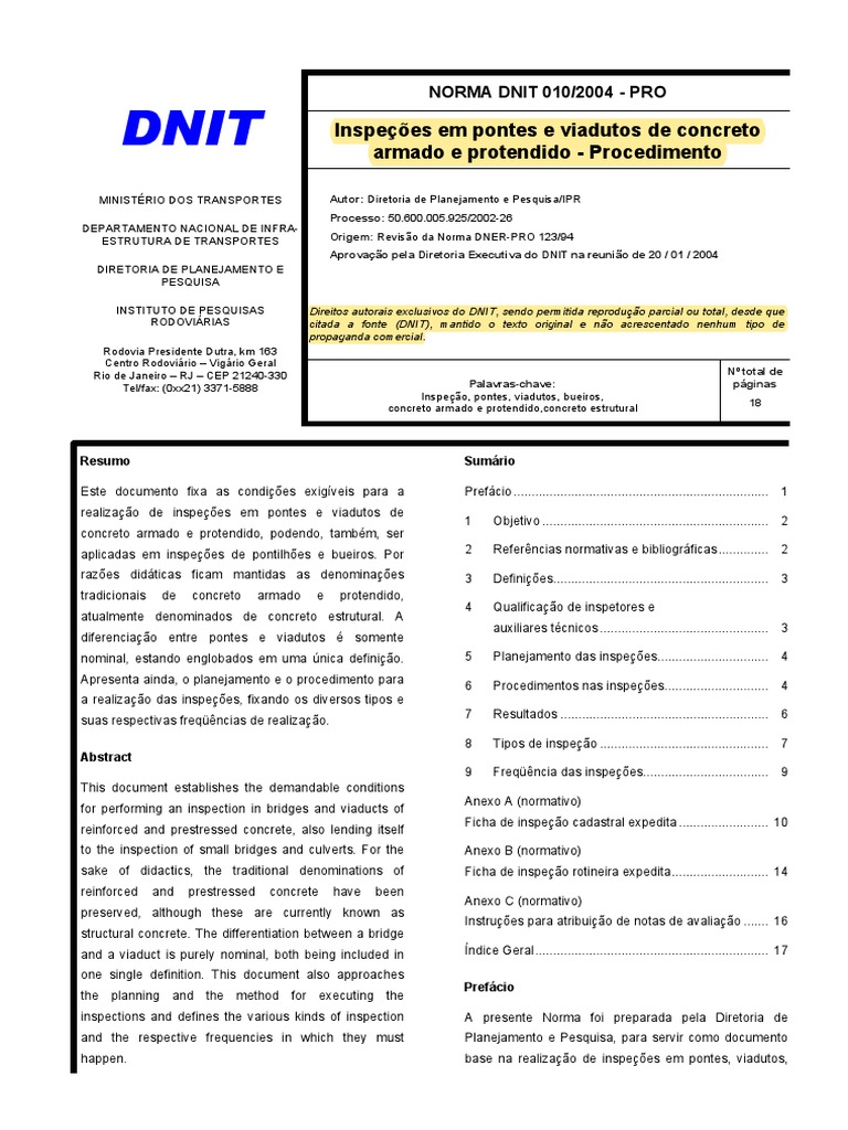 DNIT 010 2004 PRO Comentado | PDF | Ponte | Tráfego