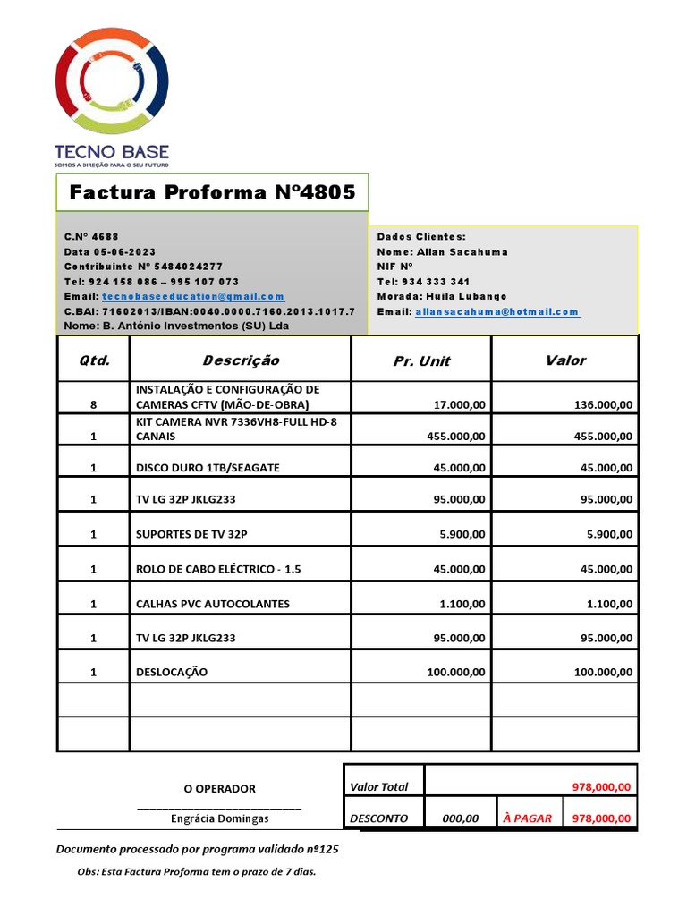 Fatura Proforma Nº4805 - Serviços e Materiais | PDF | Tecnologia e ...