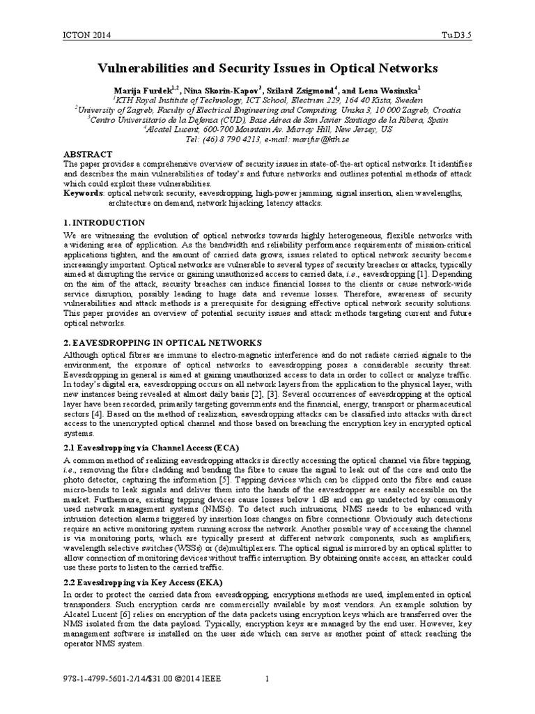 Vulnerabilities and Security Issues in Optical Networks | PDF | Computer Network | Fiber Optic ...