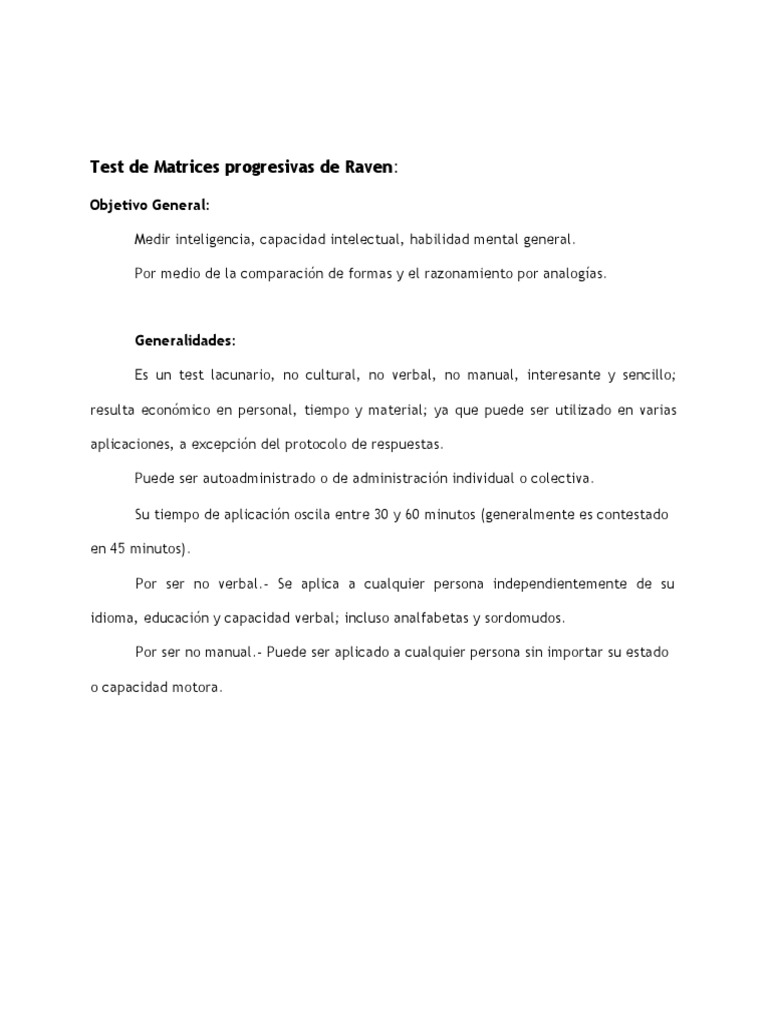 Test de Matrices Progresivas de Raven | PDF | Conceptos psicologicos ...