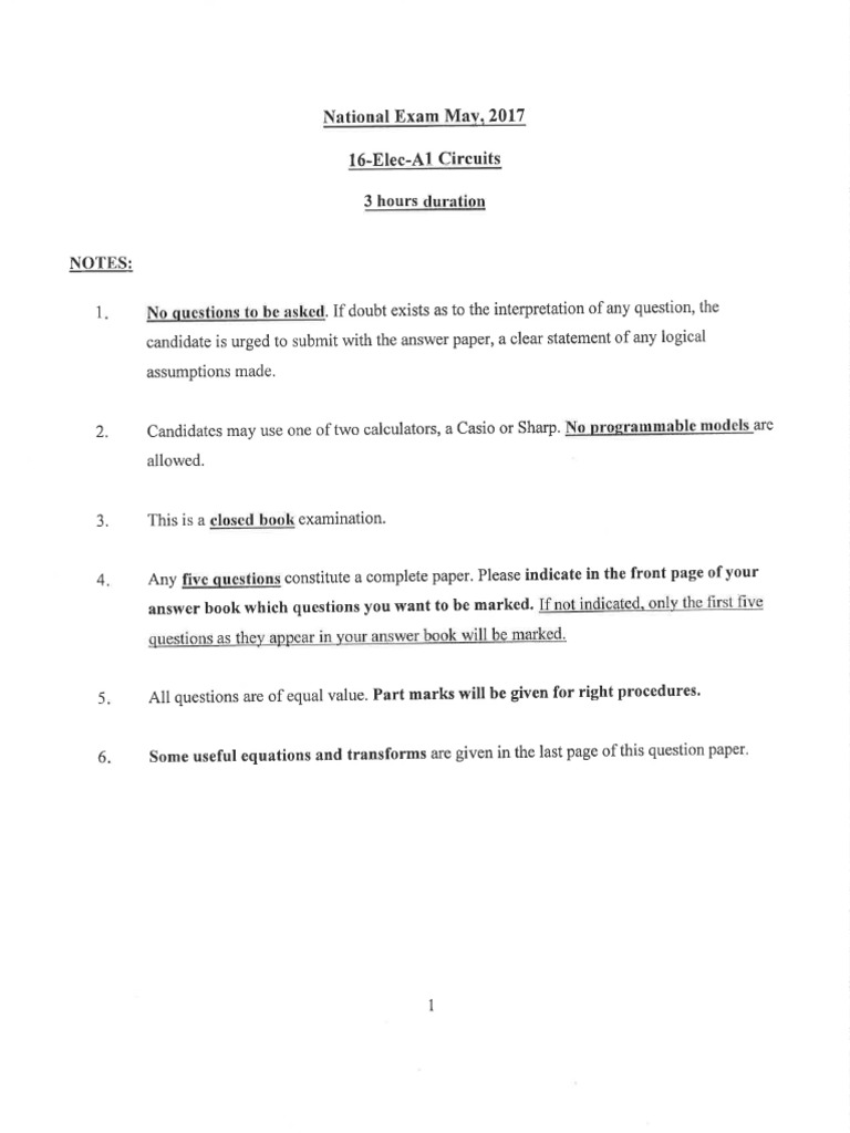 National Exam May, 2017 16-Elec-A 1 Circuits | PDF
