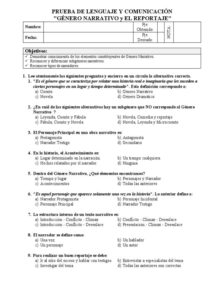7mo. Prueba Género Narrativo y Reportaje Impr | PDF | Narración | Cuentos
