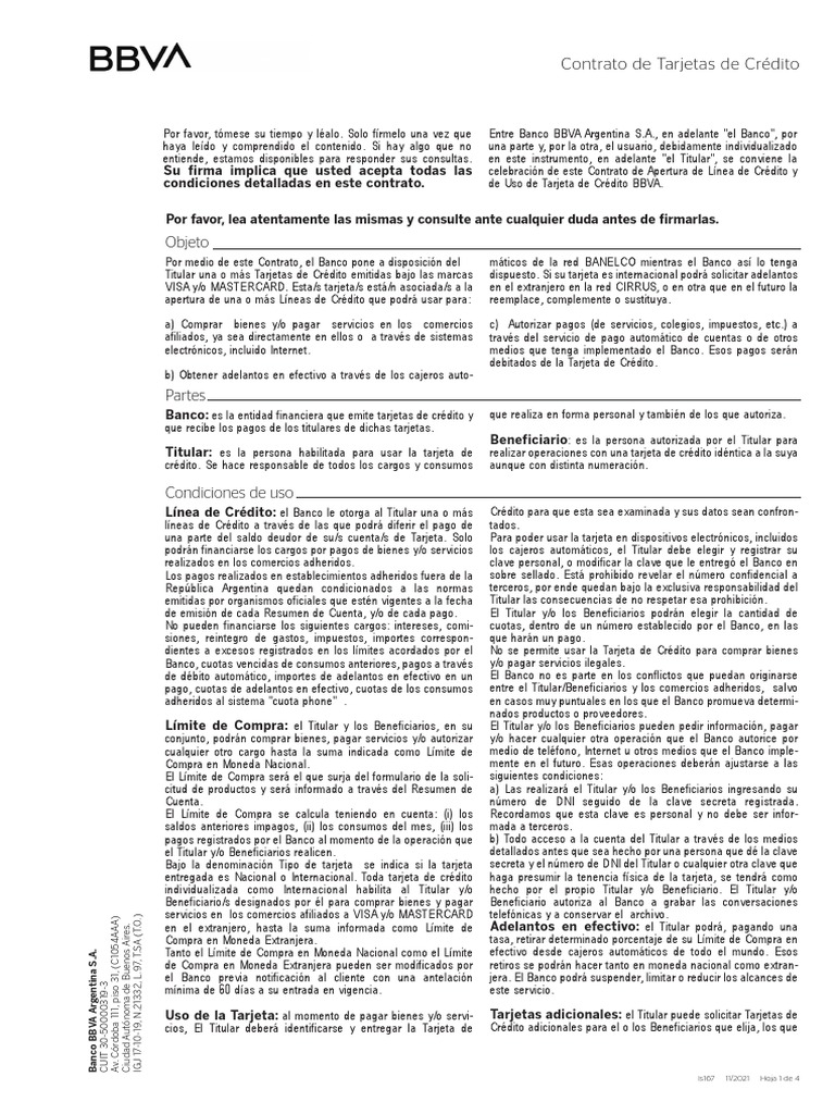 Contrato Tarjeta Crédito BBVA Argentina | PDF | Tarjeta de crédito | Bancos