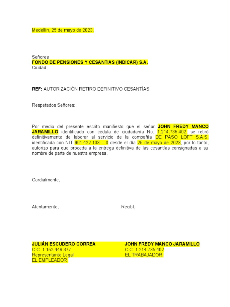 Carta Cesantias John Fredy Manco Jaramillo | PDF Carta Cesantias John Fredy Manco Jaramillo | PDF