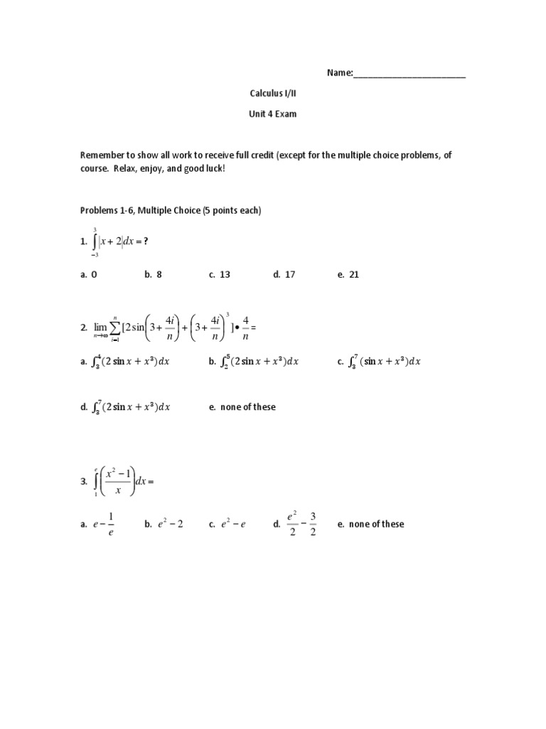 Calc I-II Unit 4 Exam | Download Free PDF | Applied Mathematics | Geometry