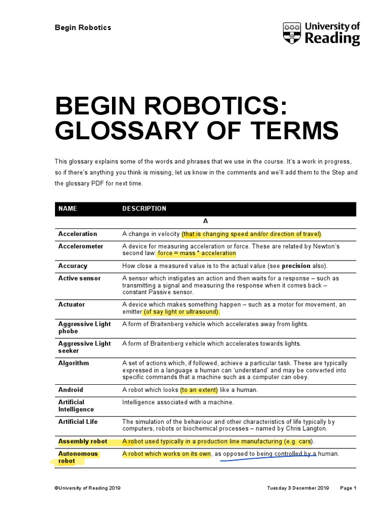 Begin Robotics - Glossary of Terms | PDF | Servomechanism | Control Theory