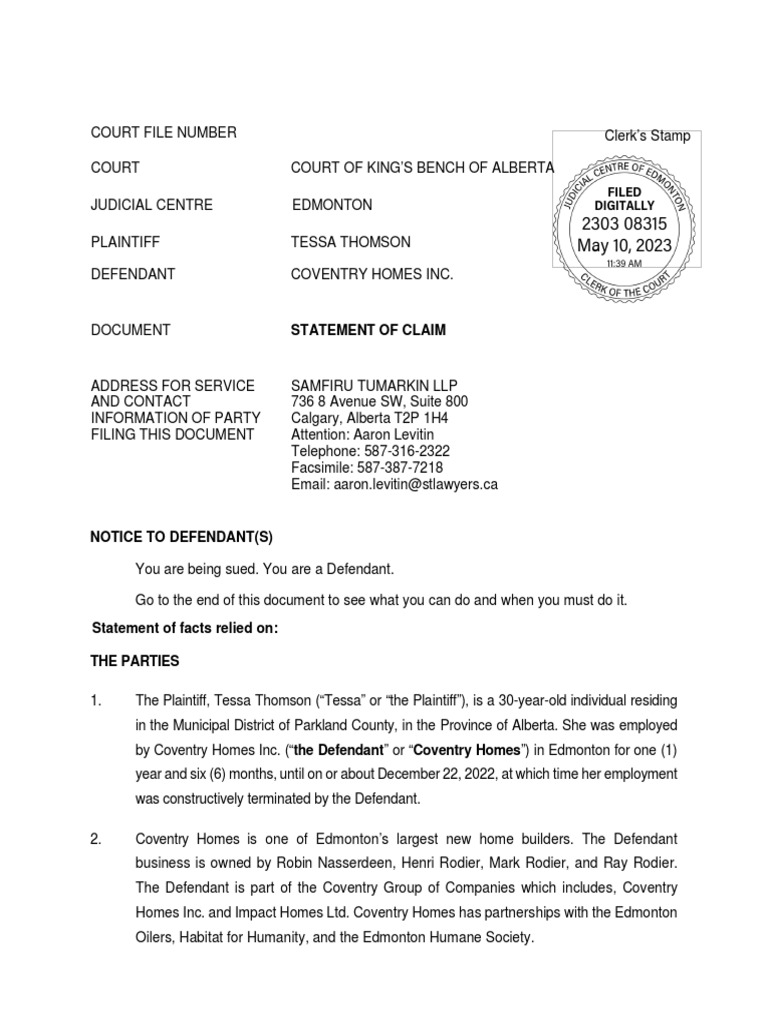 Statement of Claim3 | PDF | Sexual Harassment | Damages