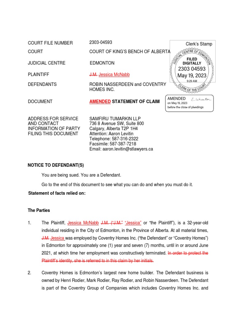 Amended Statement of Claim1 | PDF | Damages | Sexual Harassment