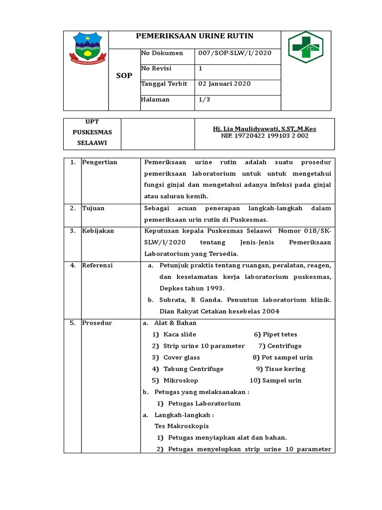 Prosedur Pemeriksaan Urine Rutin SOP | PDF