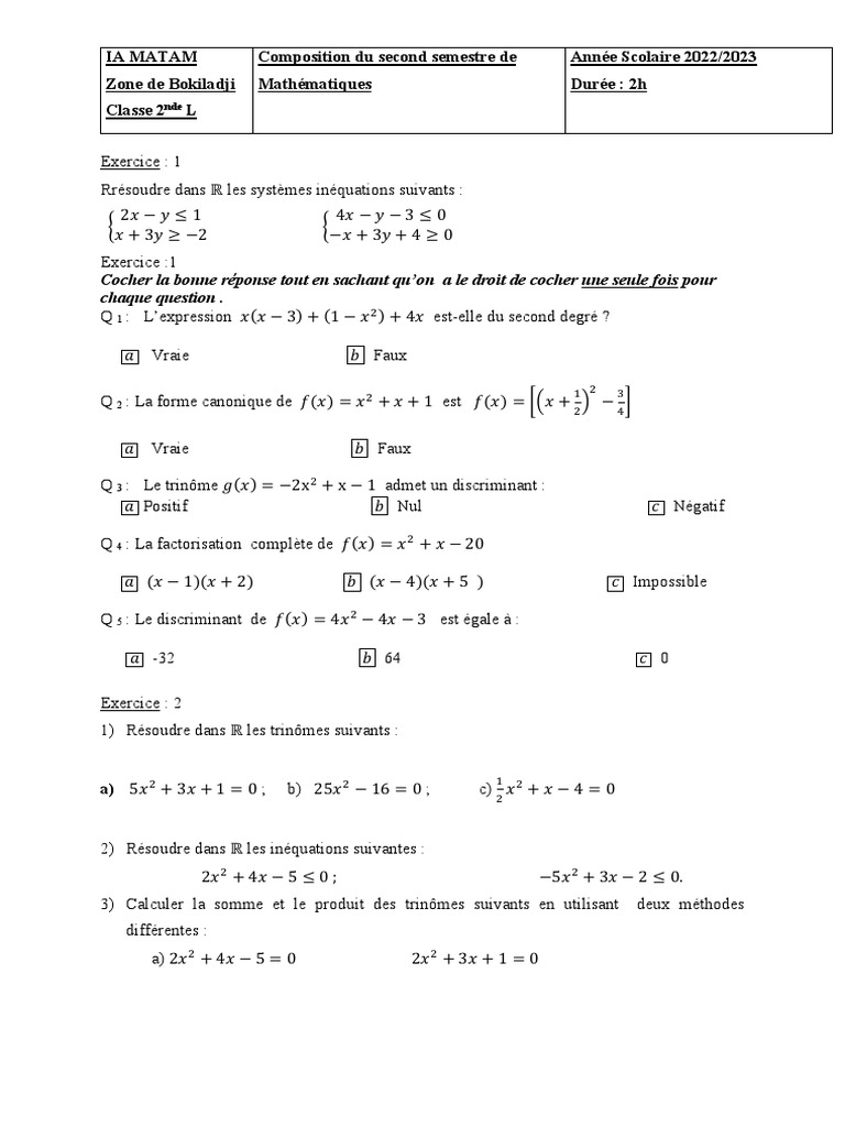 Composition De Maths 2nde L 2023 Pdf