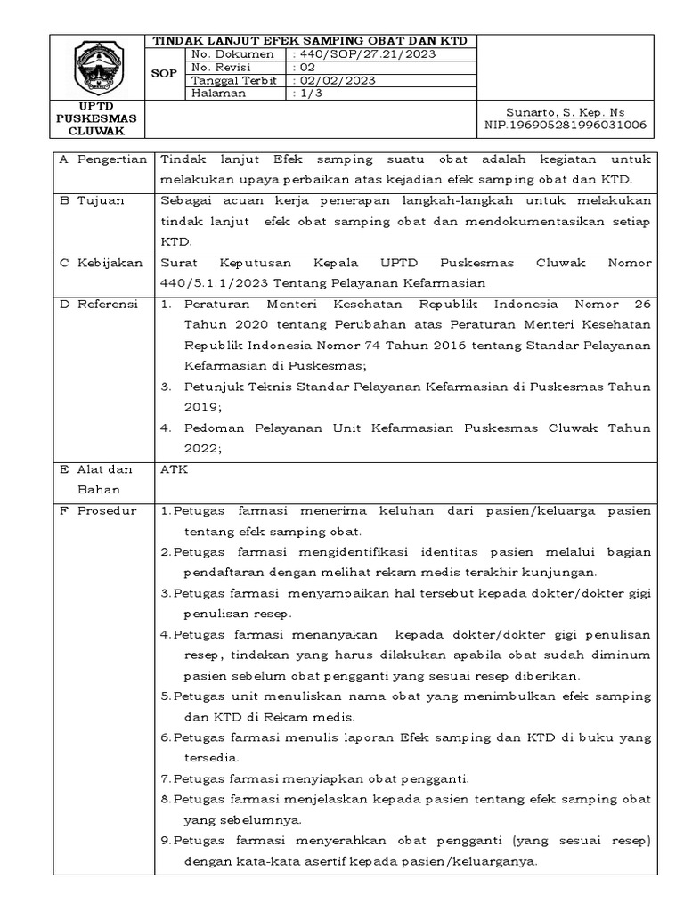 SOP Tindak Lanjut Efek Samping Obat Dan KTD | PDF