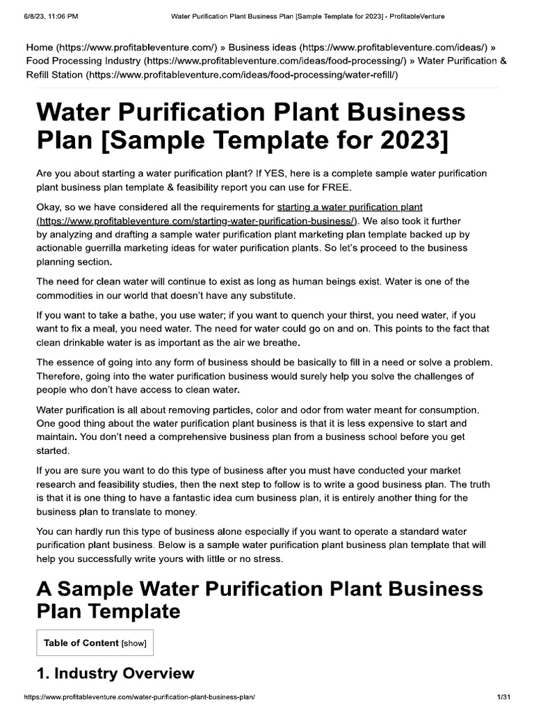Water Purification Plant Business Plan (Sample Template For 2023) | PDF