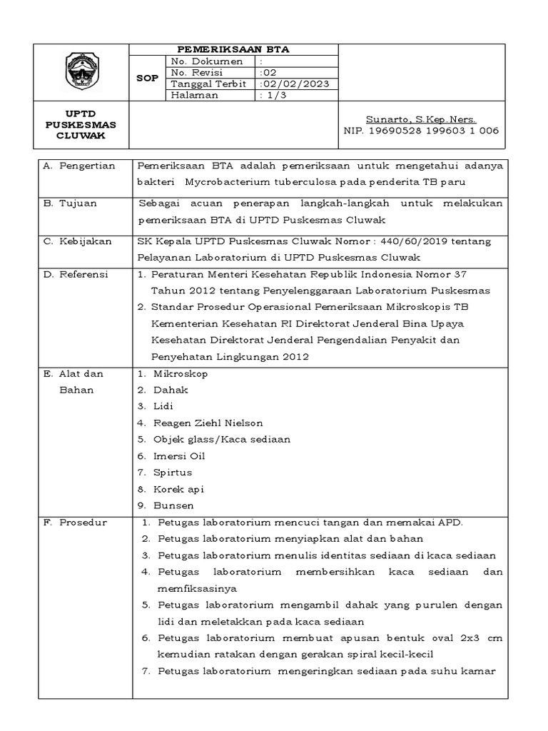 Sop Pemeriksaan Bta | PDF