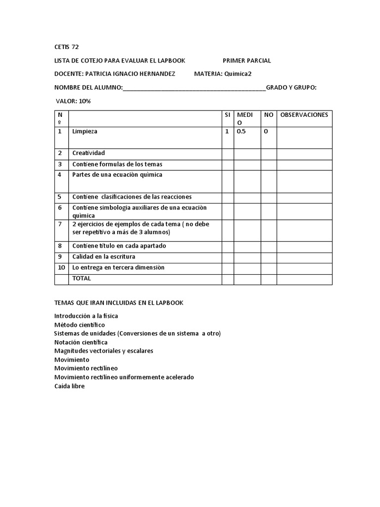Lista de Cotejo Lapbook | PDF