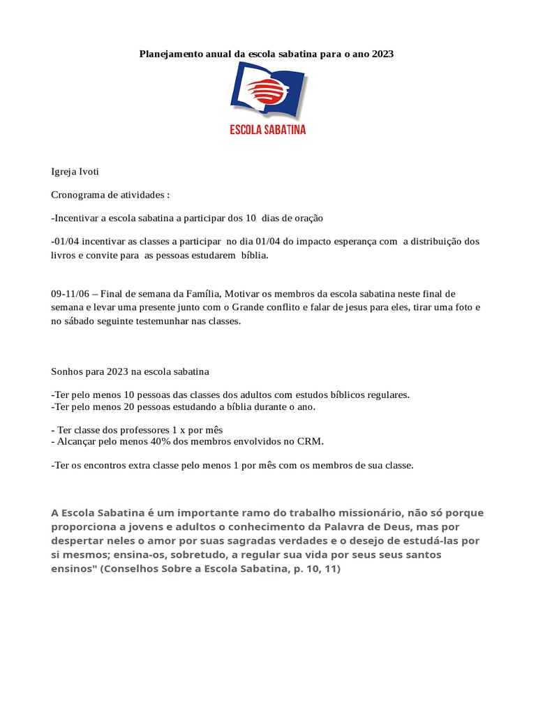 Planejamento Escola Sabatina 2023 | PDF