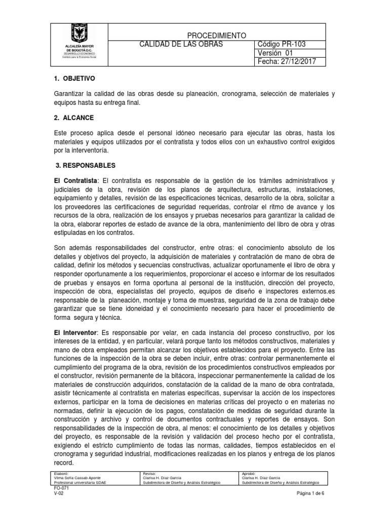 PR 103 Procedimiento Calidad en Las Obras | PDF | Contratista general ...