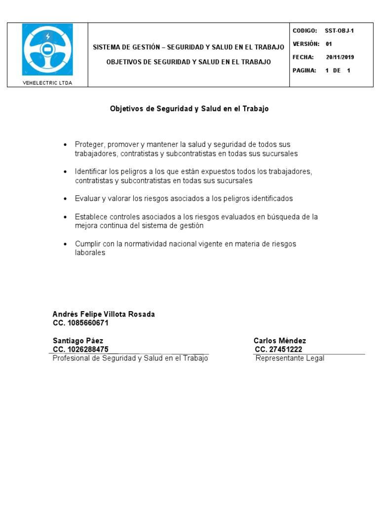 Objetivos de Seguridad y Salud en El Trabajo | PDF Objetivos de Seguridad y Salud en El Trabajo | PDF