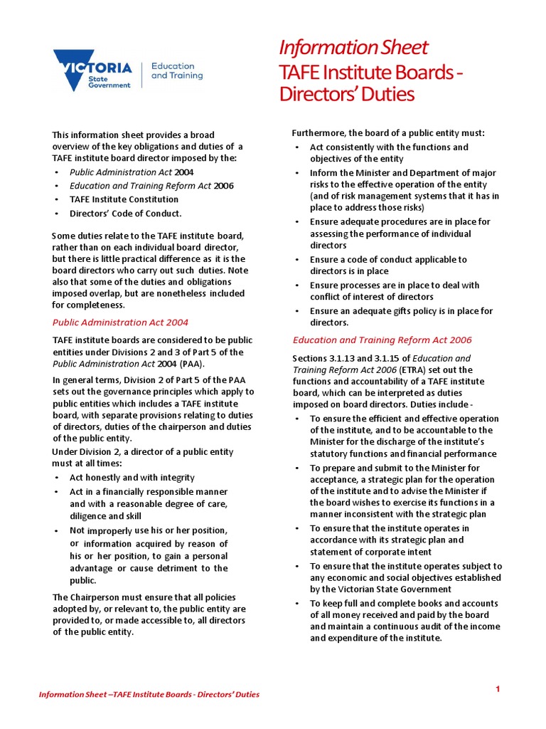 Information Sheet Tafe Institute Boards Directors Duties | PDF | Audit ...