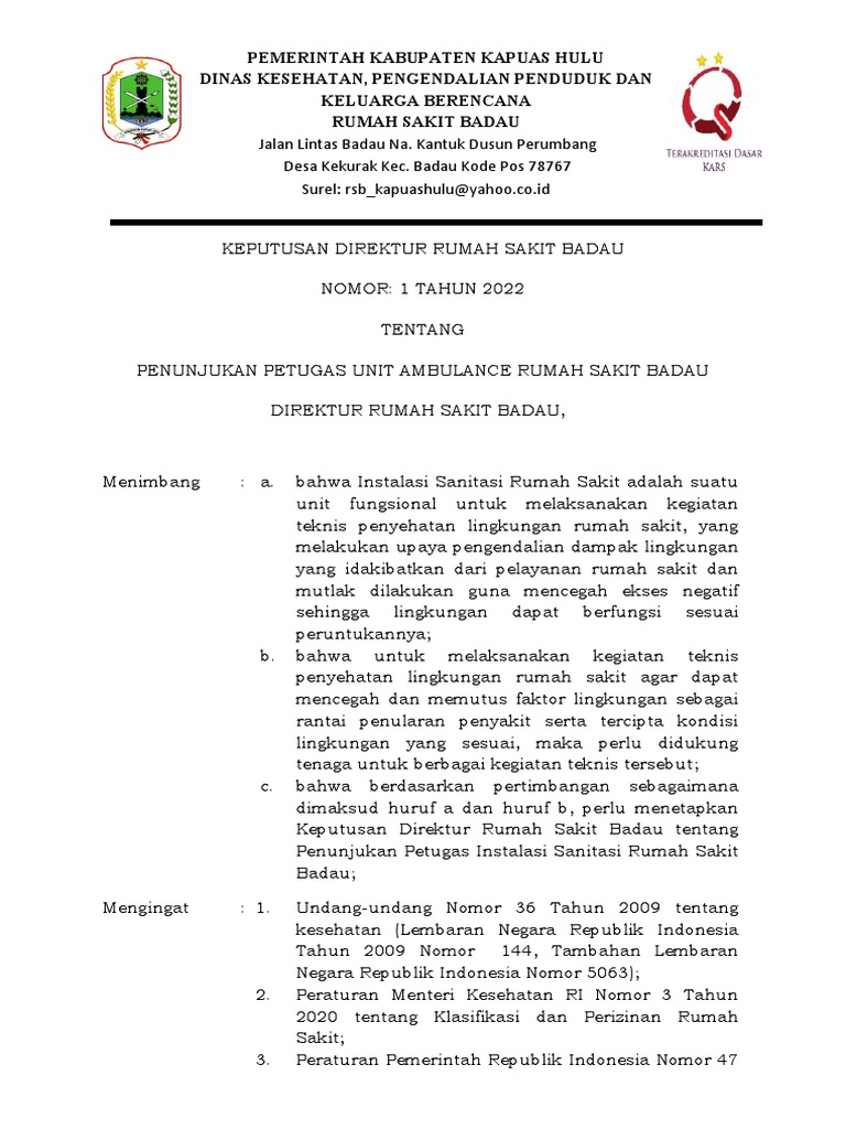 Penunjukan Petugas Ambulance RS Badau | PDF