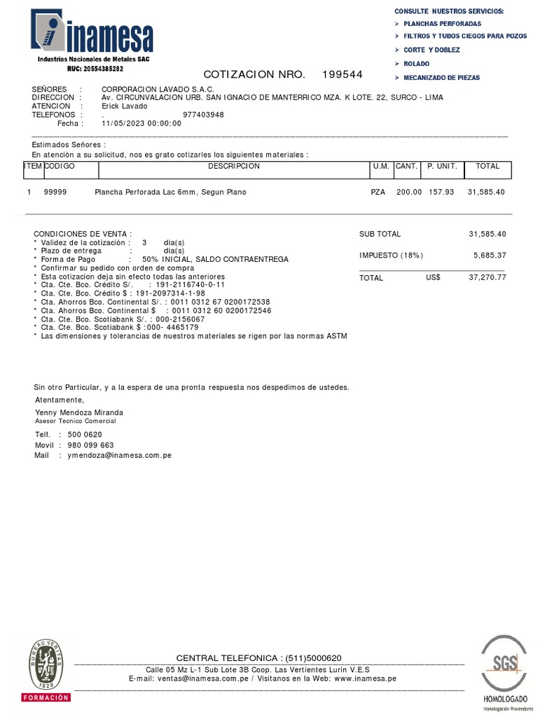 Cotizacion_199544 - CORPORACION LAVADO S.A.C._20230511_1729_46 (2) | PDF