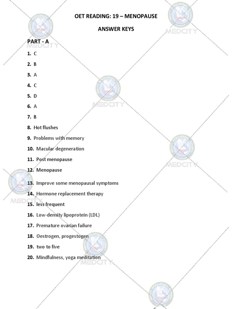 Oet Reading: 19 - Menopause Answer Keys Part - A | PDF