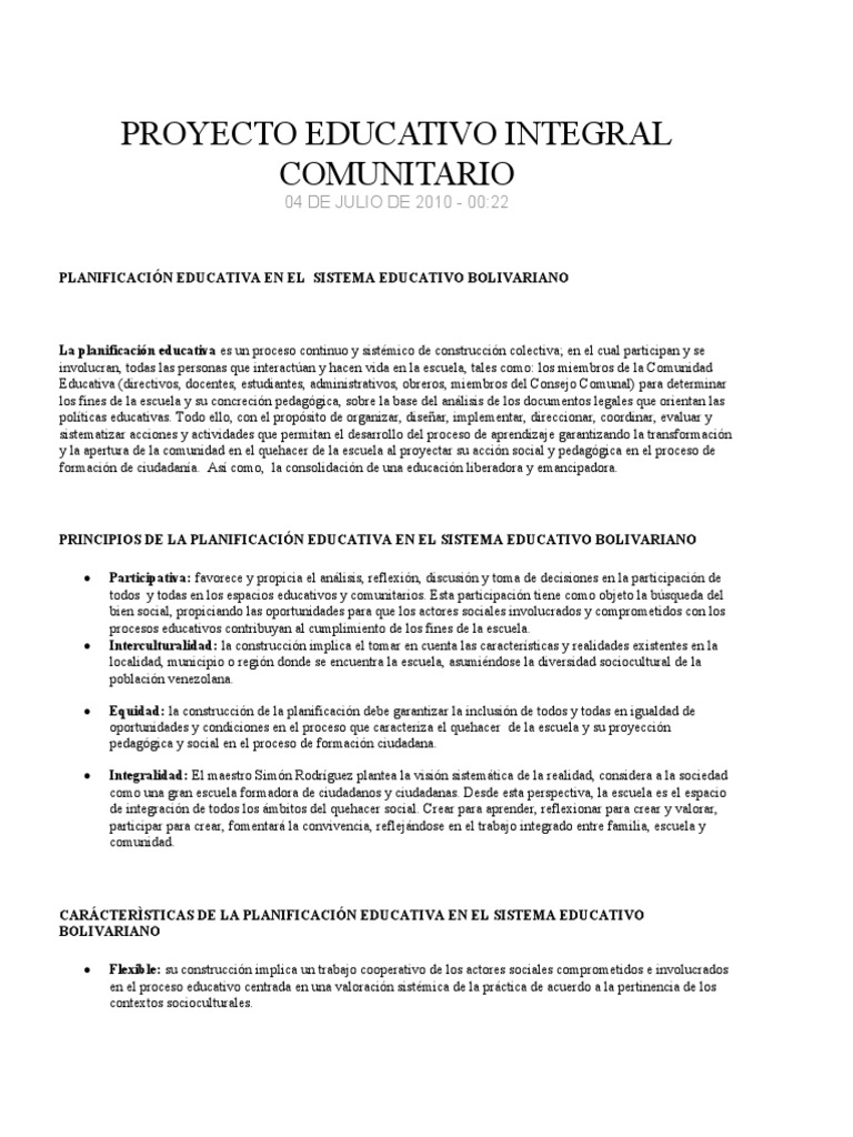 Proyecto Educativo Integral Comunitario | PDF | Aprendizaje | Plan de ...
