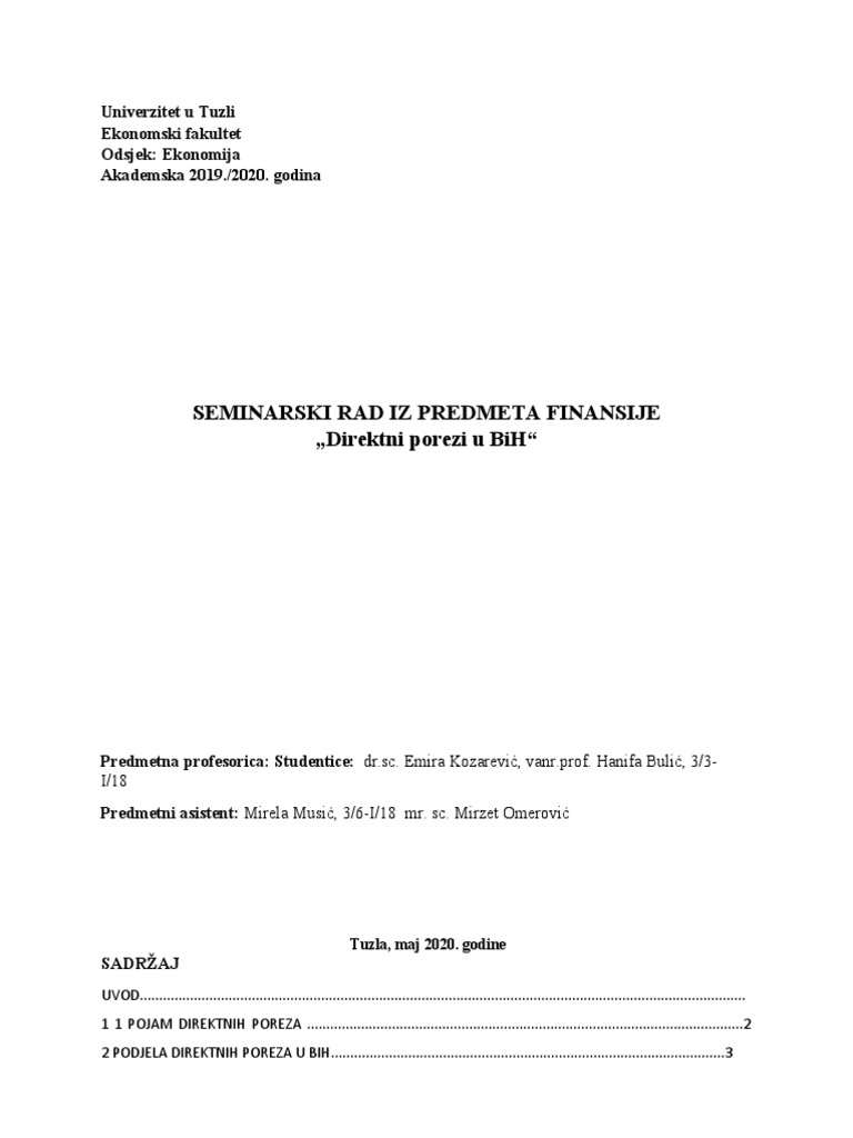 Direktni Porezi U BiH | PDF